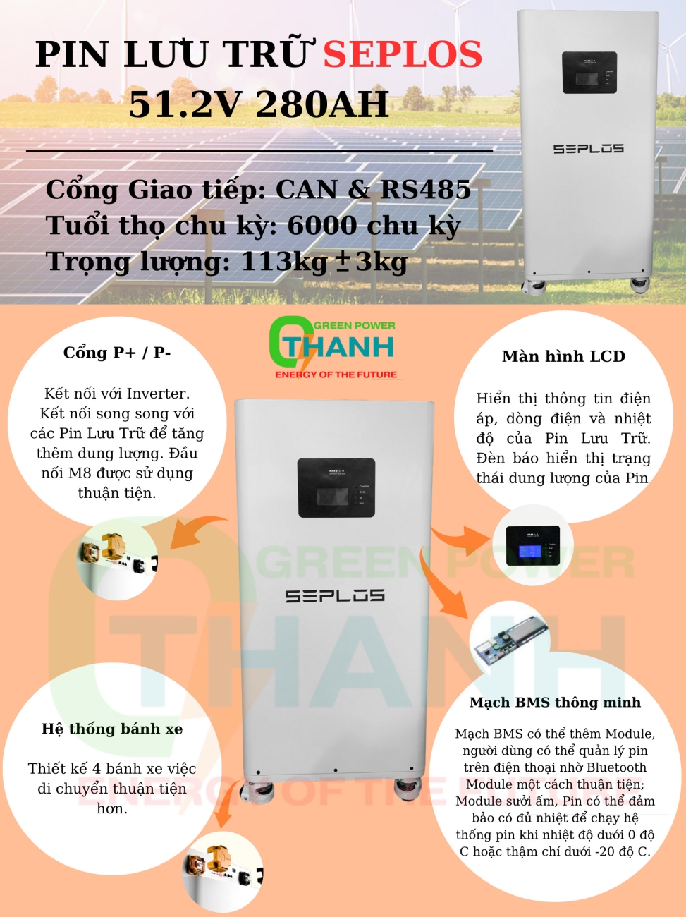 Pin Lưu Trữ Điện Năng Lượng Mặt Trời SEPLOS 51.2v-280Ah